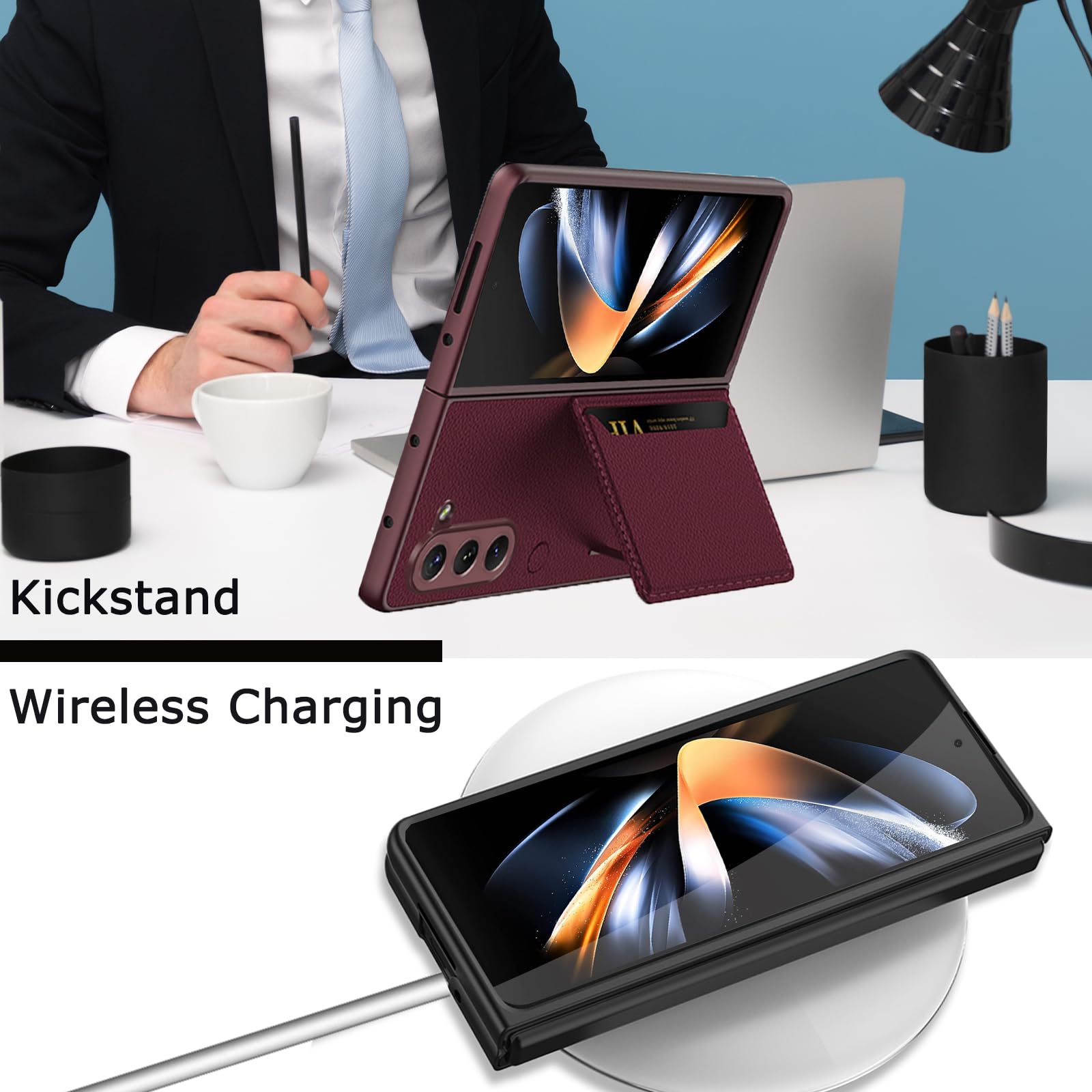 NINKI Compatible Samsung Galaxy Z Fold 5 Case with Card Holder & Kickstand,Wine Red Shockproof Leather Storage Cases Wallet Credit Card Slot Cover Phone Case for Samsung Galaxy Z Fold 5 5G Case Women