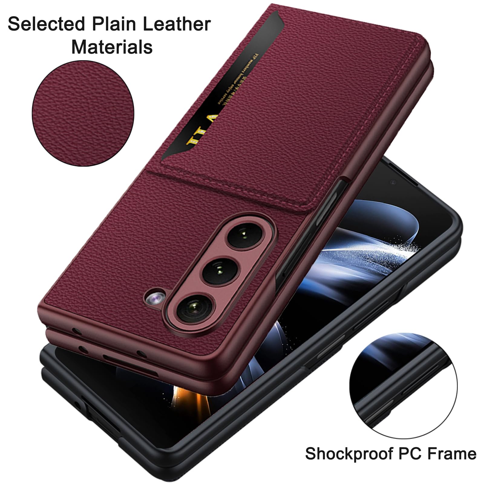 NINKI Compatible Samsung Galaxy Z Fold 5 Case with Card Holder & Kickstand,Wine Red Shockproof Leather Storage Cases Wallet Credit Card Slot Cover Phone Case for Samsung Galaxy Z Fold 5 5G Case Women