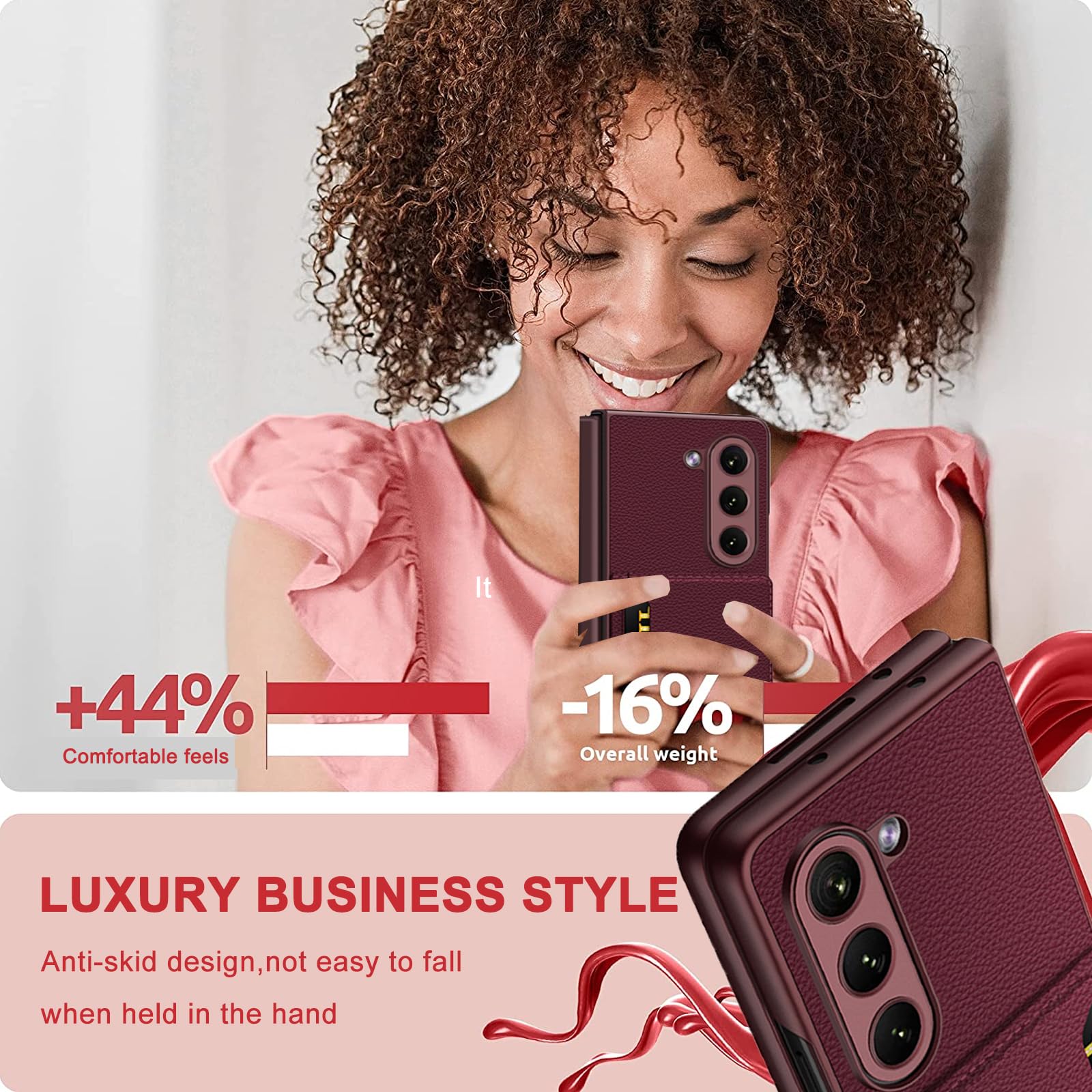 NINKI Compatible Samsung Galaxy Z Fold 5 Case with Card Holder & Kickstand,Wine Red Shockproof Leather Storage Cases Wallet Credit Card Slot Cover Phone Case for Samsung Galaxy Z Fold 5 5G Case Women