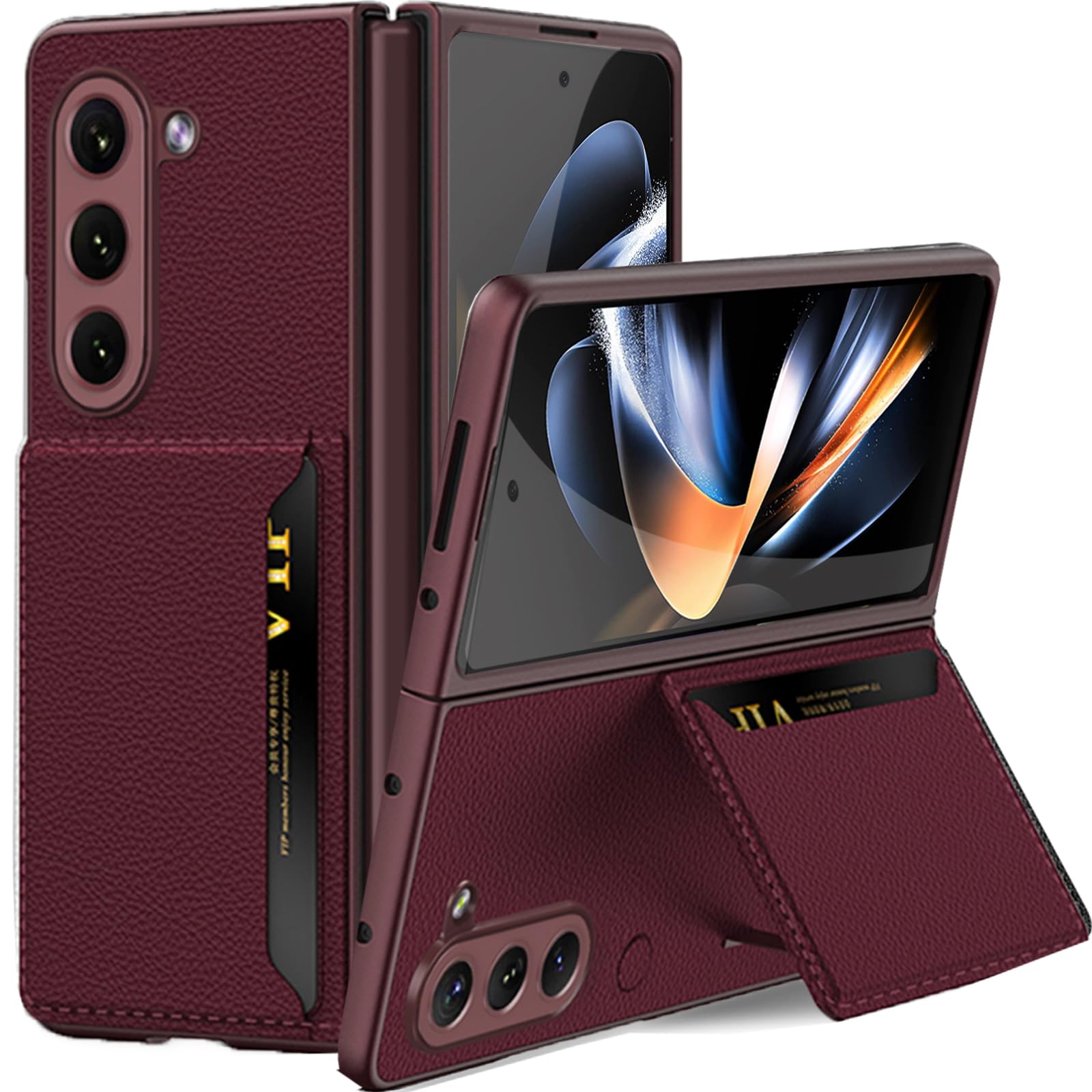 NINKI Compatible Samsung Galaxy Z Fold 5 Case with Card Holder & Kickstand,Wine Red Shockproof Leather Storage Cases Wallet Credit Card Slot Cover Phone Case for Samsung Galaxy Z Fold 5 5G Case Women