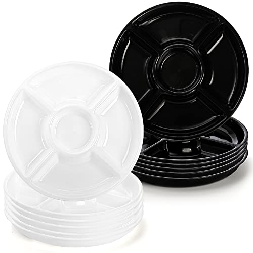 Okllen 12 Pack 5 Sectional Round Plastic Serving Tray, 12" Divided Candy Nut Serving Plate, Veggie Fruit Dish Platter Appetizer Tray for Dried Fruit, Snack, Desserts, Black & White
