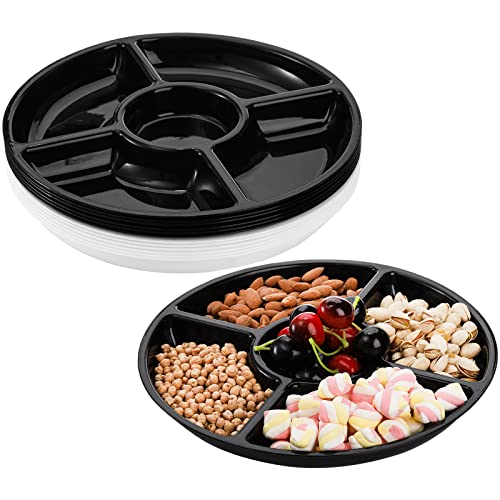 Okllen 12 Pack 5 Sectional Round Plastic Serving Tray, 12" Divided Candy Nut Serving Plate, Veggie Fruit Dish Platter Appetizer Tray for Dried Fruit, Snack, Desserts, Black & White