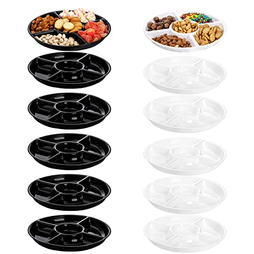 Okllen 12 Pack 5 Sectional Round Plastic Serving Tray, 12" Divided Candy Nut Serving Plate, Veggie Fruit Dish Platter Appetizer Tray for Dried Fruit, Snack, Desserts, Black & White