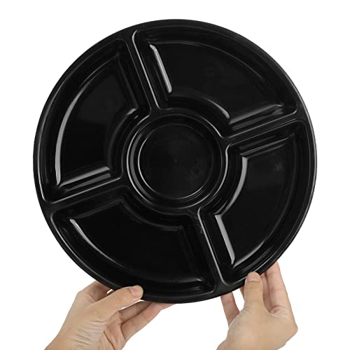 Okllen 12 Pack 5 Sectional Round Plastic Serving Tray, 12" Divided Candy Nut Serving Plate, Veggie Fruit Dish Platter Appetizer Tray for Dried Fruit, Snack, Desserts, Black & White