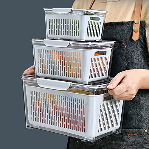 Cedilis 3 Pack Fresh Container, Produce Saver Container for Refrigerator, Vegetable Fruit Storage Container, Fridge Storage Organizer Bins with Divider, Fridge Container Box, Grey(Not Dishwasher Safe)