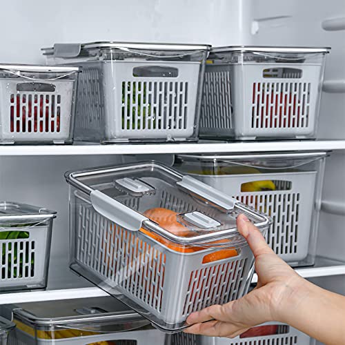 Cedilis 3 Pack Fresh Container, Produce Saver Container for Refrigerator, Vegetable Fruit Storage Container, Fridge Storage Organizer Bins with Divider, Fridge Container Box, Grey(Not Dishwasher Safe)