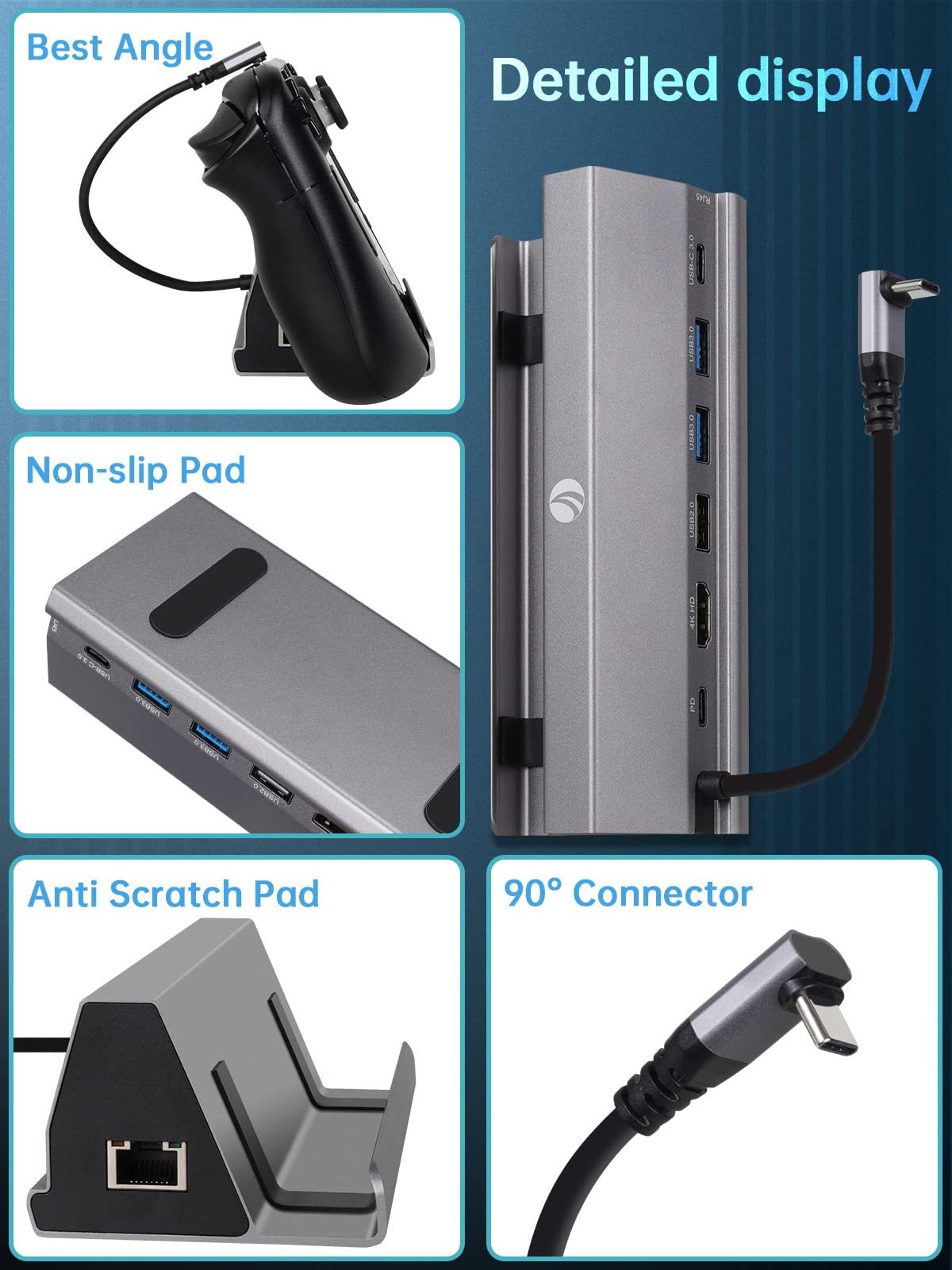Docking Station for Steam Deck,V VCOM 7-in-1 Steam Deck Dock ROG Ally with HDMI 4K@60Hz,DisplayPort,Gigabit Ethernet,3 USB-A 3.0 and USB-C Charging Port Compatible with Steam Deck