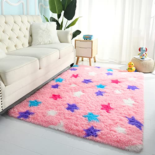 ST. BRIDGE Soft Shag Rug for Girls Bedroom, Fluffy Bedroom Carpet for Princess Castle Baby Toddlers Kids Room Decor, Anti-Skid Fuzzy Cute Nursery Mats Living Room Dorm Plush Carpet, Pink 3 x 5 Feet