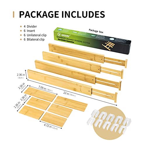 AISHIY Upgrade Bamboo Drawer Divider System,Adjustable Drawer Organizers,Expandable Utensil Organization System for Kitchen,Dressers and Bathroom,4 Divider with 6 Insert and 12 Divider Clips(17-22in)