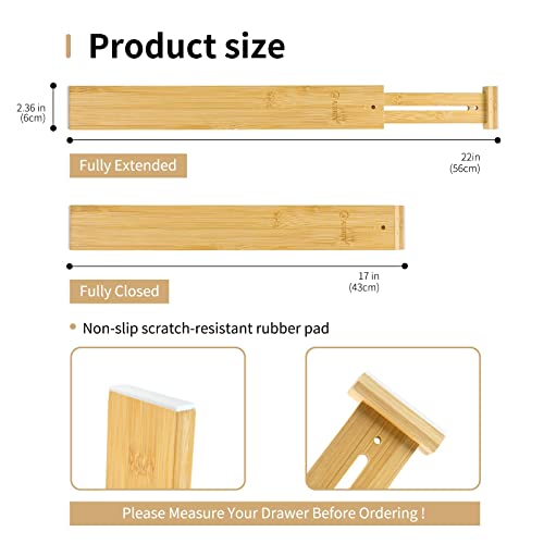 AISHIY Upgrade Bamboo Drawer Divider System,Adjustable Drawer Organizers,Expandable Utensil Organization System for Kitchen,Dressers and Bathroom,4 Divider with 6 Insert and 12 Divider Clips(17-22in)