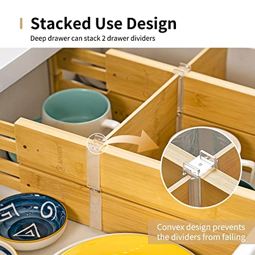 AISHIY Upgrade Bamboo Drawer Divider System,Adjustable Drawer Organizers,Expandable Utensil Organization System for Kitchen,Dressers and Bathroom,4 Divider with 6 Insert and 12 Divider Clips(17-22in)