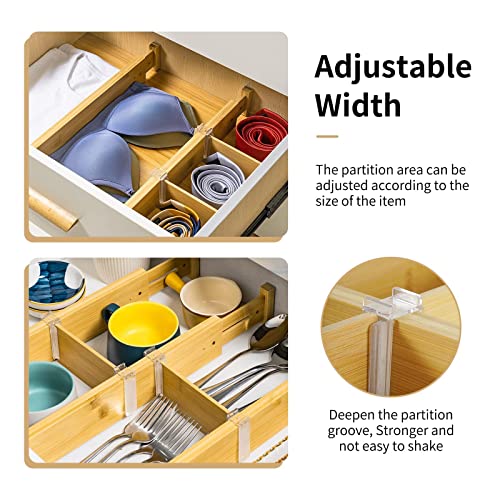AISHIY Upgrade Bamboo Drawer Divider System,Adjustable Drawer Organizers,Expandable Utensil Organization System for Kitchen,Dressers and Bathroom,4 Divider with 6 Insert and 12 Divider Clips(17-22in)