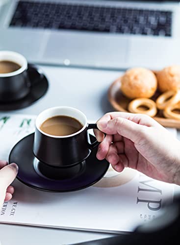 Gomakren Espresso Cups with Saucers Set of 6 with Stand, 4 oz Cappuccino Espresso Latte Coffee Small Cup Black Demitasse Tea Cups for Party Daily Use