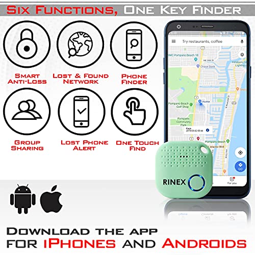 Bluetooth Key Finder β Key Locator Device with App, Siri Compatibility, & Extra Battery β Anti-Lost Keychain Tracker Device for Phone by Rinex- 2 Pack & Green and White