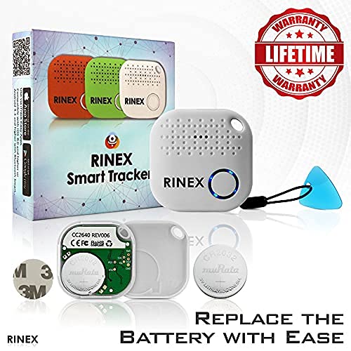 Bluetooth Key Finder β Key Locator Device with App, Siri Compatibility, & Extra Battery β Anti-Lost Keychain Tracker Device for Phone by Rinex- 2 Pack & Green and White
