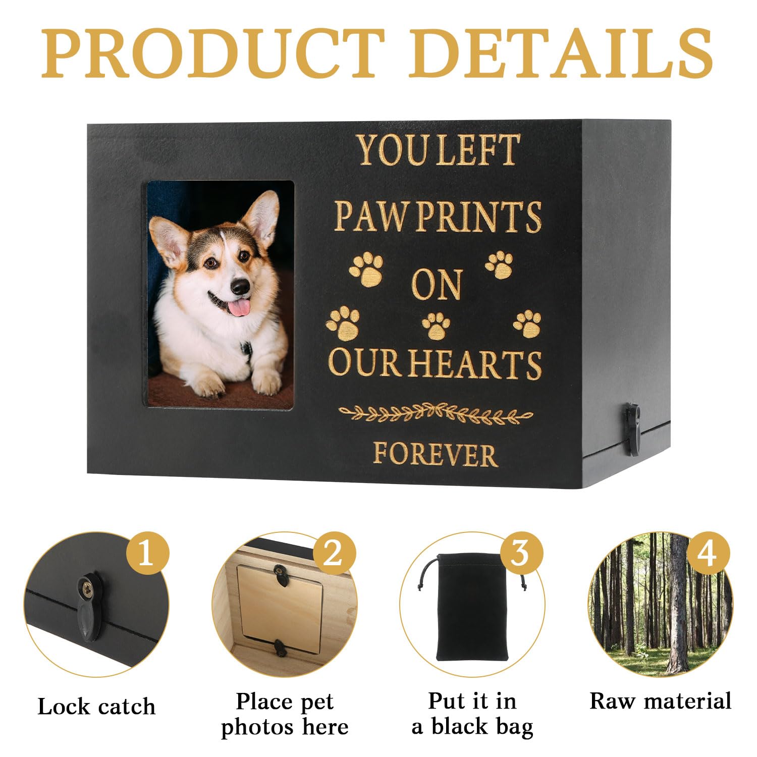 Pet Urns for Dog or Cat Ashes, Wooden Pet Memorial Urns with Photo Frame, Pet Cremation Urns Keepsake Memory Box with Black Flannel as Lining, Loss Pet Memorial Remembrance Gift (Black)