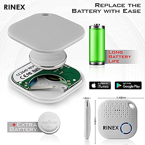 Bluetooth Key Finder β Key Locator Device with App, Siri Compatibility, & Extra Battery β Anti-Lost Keychain Tracker Device for Phone by Rinex- 2 Pack & Green and White
