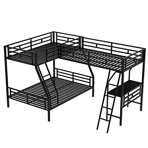 SOFTSEA L-Shaped Metal Triple Bunk Bed with A Loft Bed Attached for 3 Kids, Twin Over Twin Over Full Bunk Beds with Desk, No Box Spring Needed(L-Shaped 3 Bed)