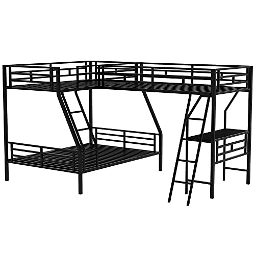 SOFTSEA L-Shaped Metal Triple Bunk Bed with A Loft Bed Attached for 3 Kids, Twin Over Twin Over Full Bunk Beds with Desk, No Box Spring Needed(L-Shaped 3 Bed)