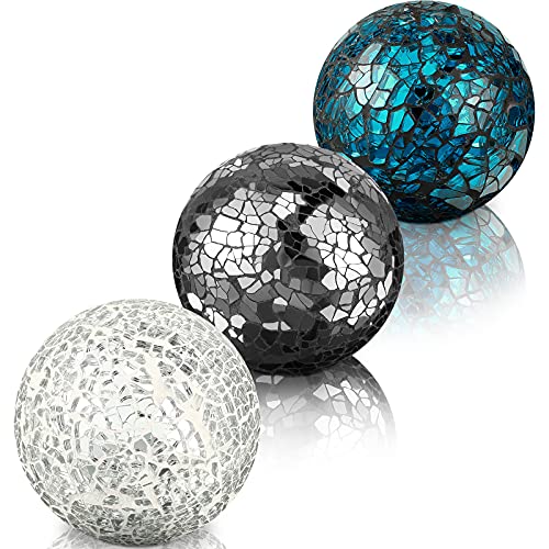3 Pieces Decorative Balls Mosaic Glass Sphere Centerpiece Orb Glass Vase Balls Vases Dining Table Decorations (Silver, Turquoise, Black)