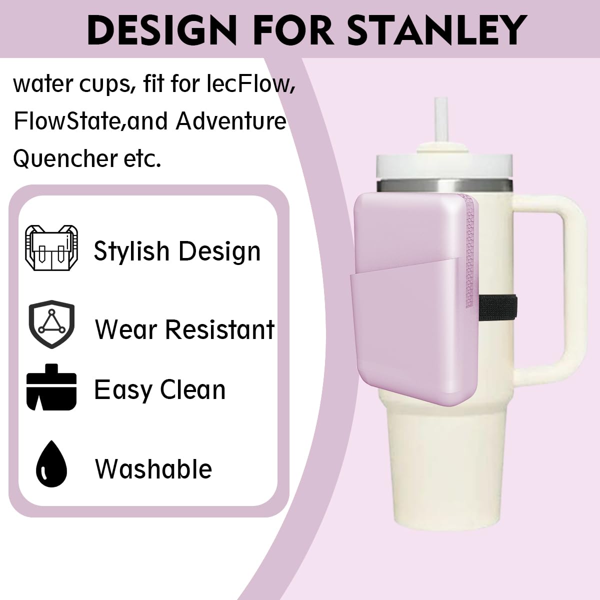 Silicone Water Bottle Pouch for Stanley, Stanley Fanny Pack with Pocket, Stanley Cup Accessories for Stanley Quencher Stanley IceFlow 20 oz 30 oz 40 oz, for Phone, Card, Key, Wallet, Earphone (Purple)