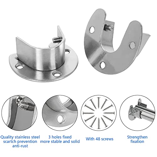 16 PCS Stainless Steel Closet Rod Brackets, 1 Inch Dia Heavy Duty Socket Flange Rod Holder, Shower Curtain Rod Pole End Supports, Open Type Wardrobe Bracket Holder with Screws U-Shaped, Silver