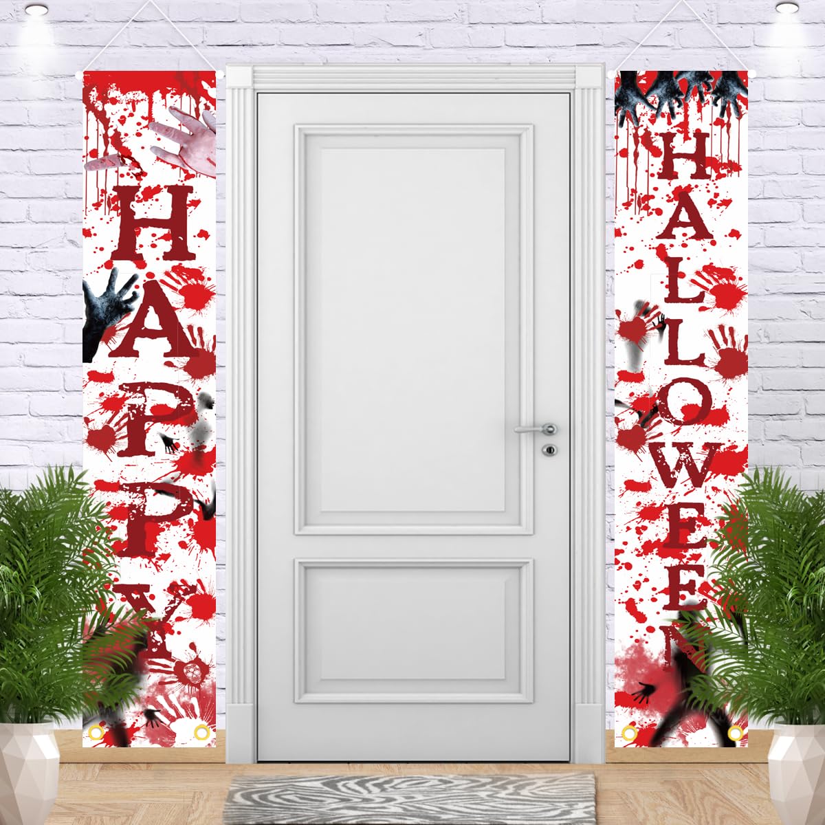 Halloween Decorations Outdoor Porch Sign Banner, Porch Hanging Halloween Decorations, Outdoor Halloween Decorations for Porch Front Door Bloddy Handprint Happy Halloween Hanging Banner Welcome Signs