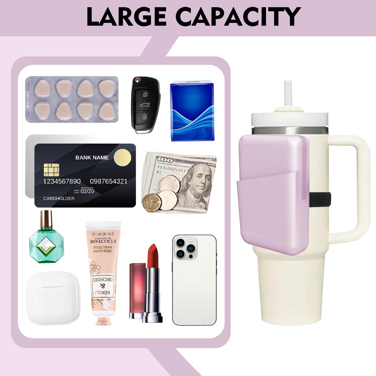 Silicone Water Bottle Pouch for Stanley, Stanley Fanny Pack with Pocket, Stanley Cup Accessories for Stanley Quencher Stanley IceFlow 20 oz 30 oz 40 oz, for Phone, Card, Key, Wallet, Earphone (Purple)