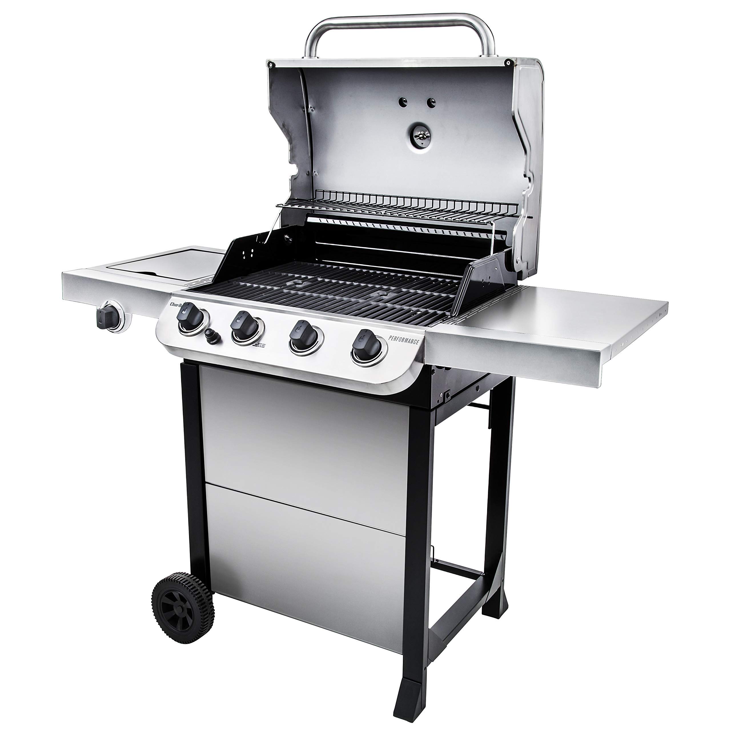 Char-Broil 463377319 Performance 4-Burner Cart Style Liquid Propane Gas Grill & Performance Grill Cover, 3-4 Burner: Large & 8666894 SAFER Replaceable Head Nylon Bristle Grill Brush, One Size