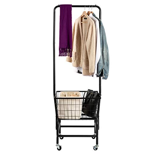 ALIMORDEN Laundry Cart with Clothes Rack, Rolling Laundry Butler with Wire Storage Rack,Black