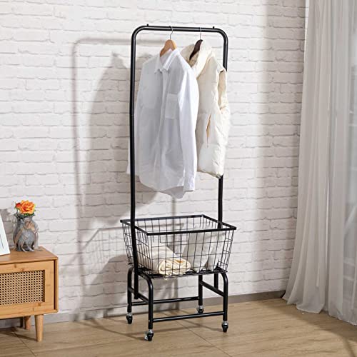 ALIMORDEN Laundry Cart with Clothes Rack, Rolling Laundry Butler with Wire Storage Rack,Black