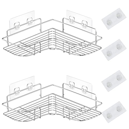 AUYYOSK Shower Caddy Corner,Adhesive Metal Bathroom Shelf Wall Mounted, Non-Drilling Floating Shelf for Bathroom Organizer/Shower Organizer/Kitchen (2 Pack Silver)