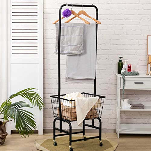 ALIMORDEN Laundry Cart with Clothes Rack, Rolling Laundry Butler with Wire Storage Rack,Black