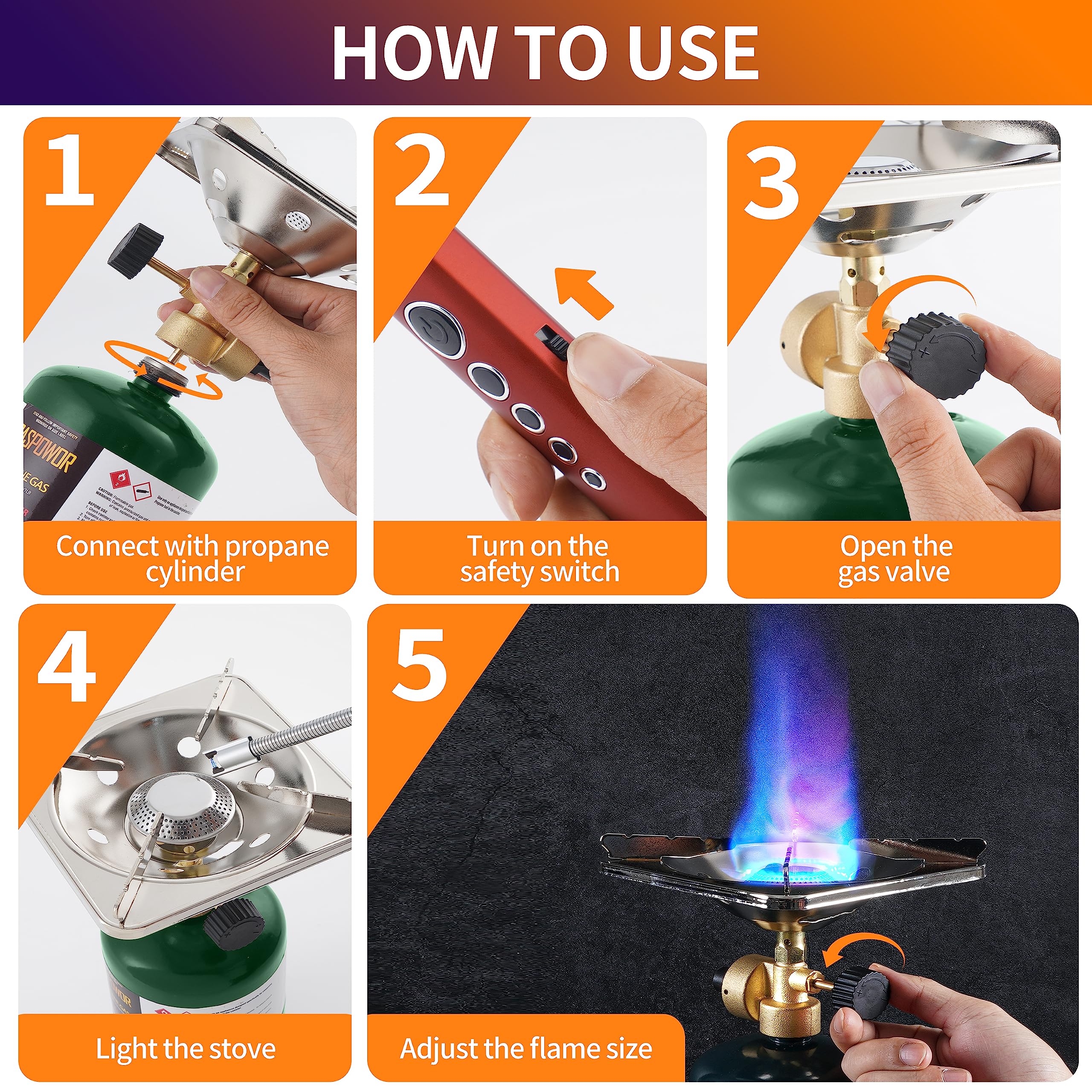 Camping Propane Stove, Single Burner Propane Stove, Portable Bottletop Backpacking Stove,10000BTU Camp Gas Stove kit for Outdoor Cooking, include a USB Windproof Ligther (Fuel not included)