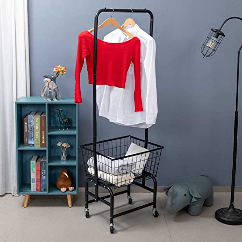 ALIMORDEN Laundry Cart with Clothes Rack, Rolling Laundry Butler with Wire Storage Rack,Black