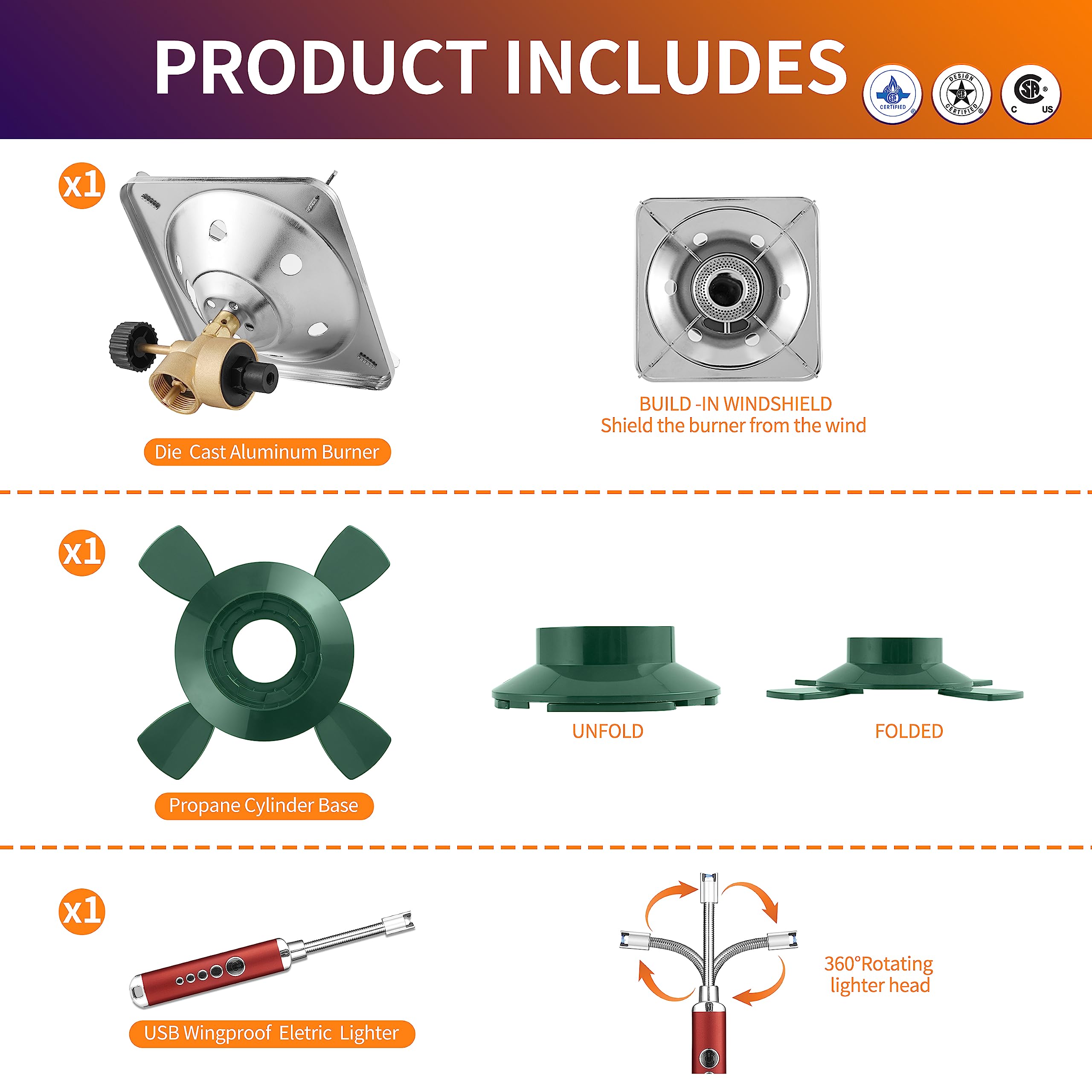 Camping Propane Stove, Single Burner Propane Stove, Portable Bottletop Backpacking Stove,10000BTU Camp Gas Stove kit for Outdoor Cooking, include a USB Windproof Ligther (Fuel not included)