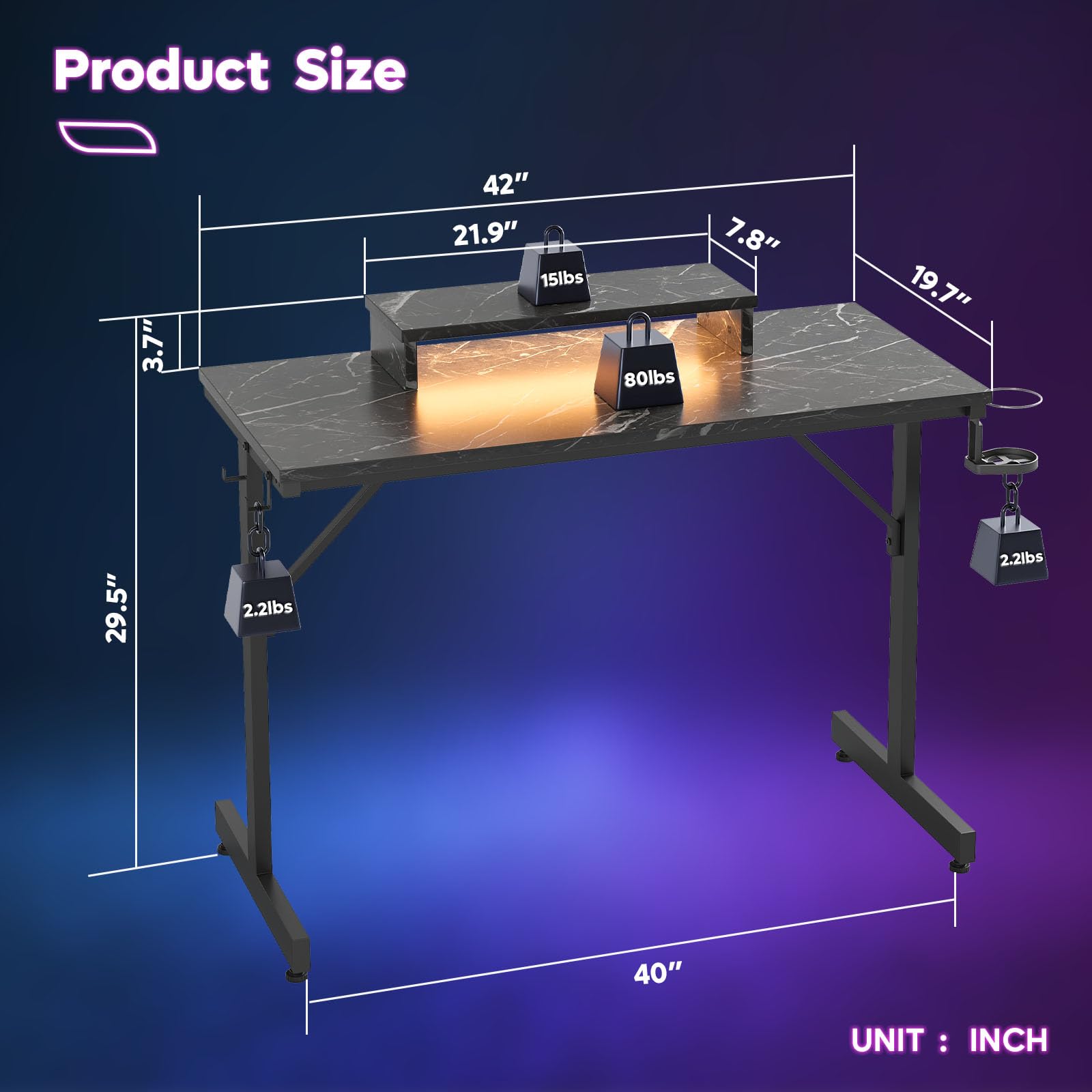 Bestier Gaming Desk with LED Lights, 42 inch Computer Desk with Monitor Stand Gamer Workstation with Cup Holder & Headset Hooks, Modern Simple Style Desk for Home Office, Black Marble