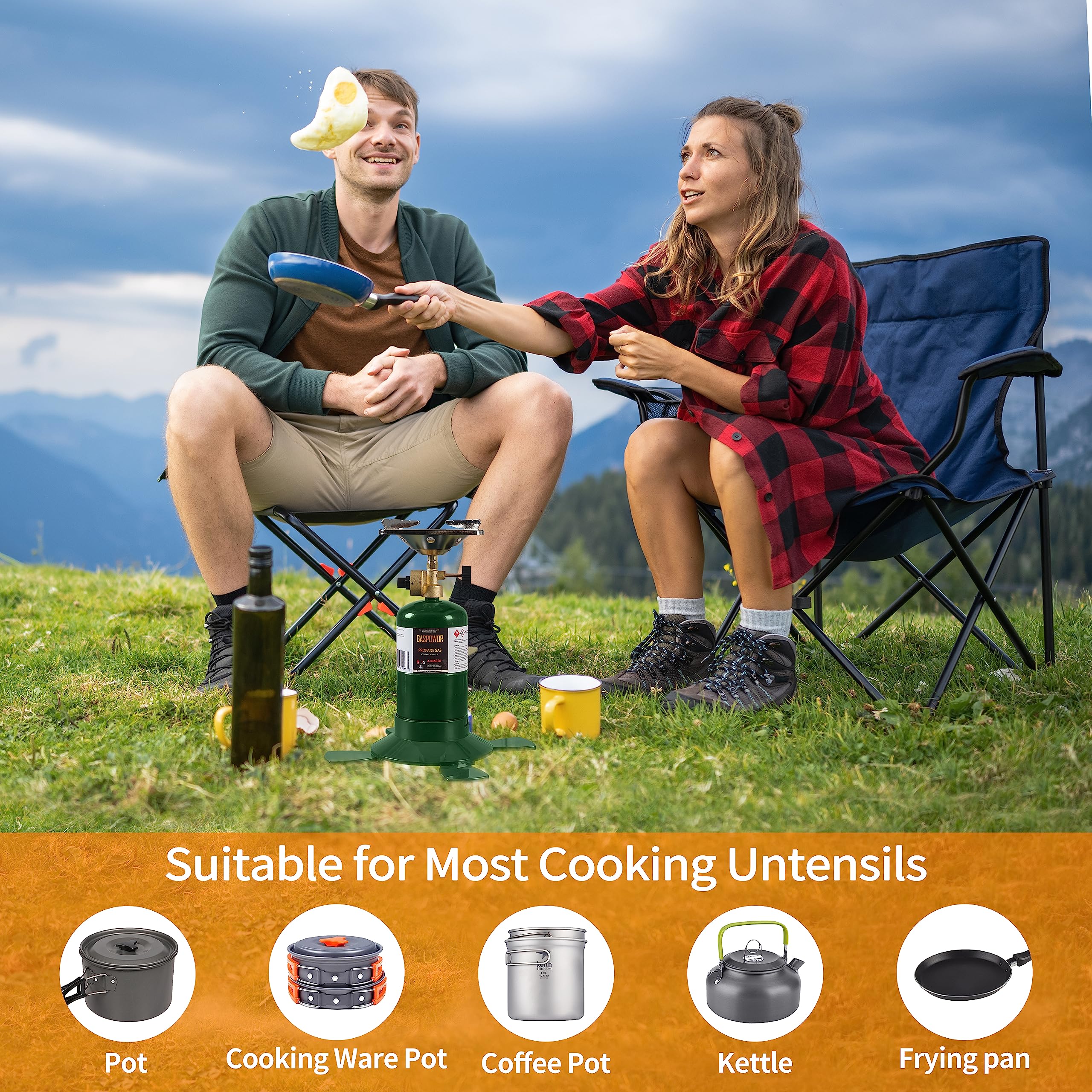 Camping Propane Stove, Single Burner Propane Stove, Portable Bottletop Backpacking Stove,10000BTU Camp Gas Stove kit for Outdoor Cooking, include a USB Windproof Ligther (Fuel not included)