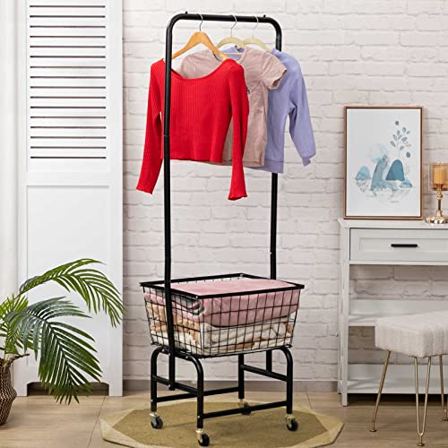 ALIMORDEN Laundry Cart with Clothes Rack, Rolling Laundry Butler with Wire Storage Rack,Black