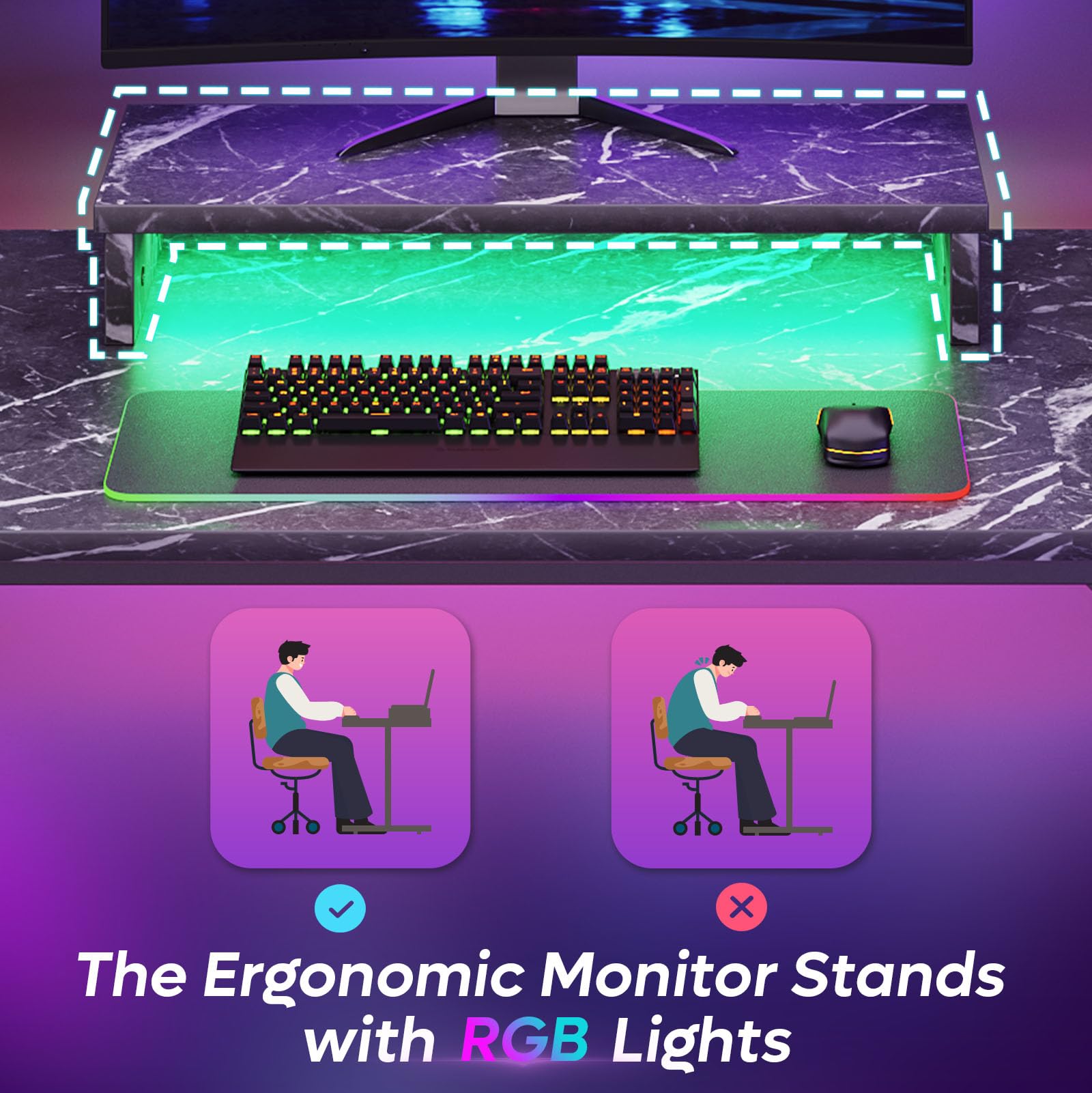 Bestier Gaming Desk with LED Lights, 42 inch Computer Desk with Monitor Stand Gamer Workstation with Cup Holder & Headset Hooks, Modern Simple Style Desk for Home Office, Black Marble