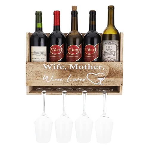 Homewolf Wall Mounted Wine Rack - Wine Glass Storage Made from Solid Paulownia Wood β Wine Bottle Organizer Holds 5 Bottles and 4 Glasses - Wall-Mounted Wine Racks Hanging Cabinet β Bar Decor