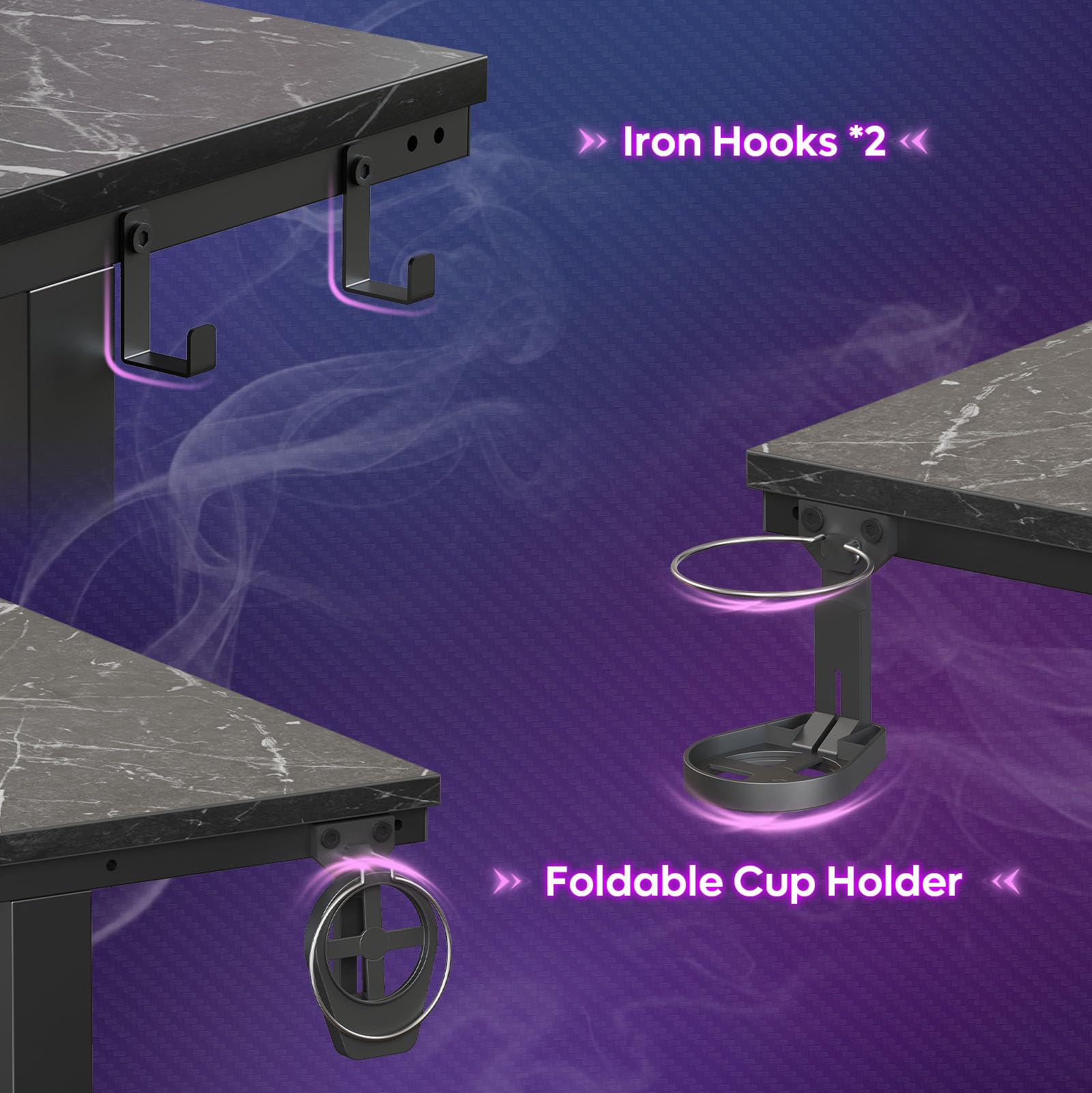 Bestier Gaming Desk with LED Lights, 42 inch Computer Desk with Monitor Stand Gamer Workstation with Cup Holder & Headset Hooks, Modern Simple Style Desk for Home Office, Black Marble