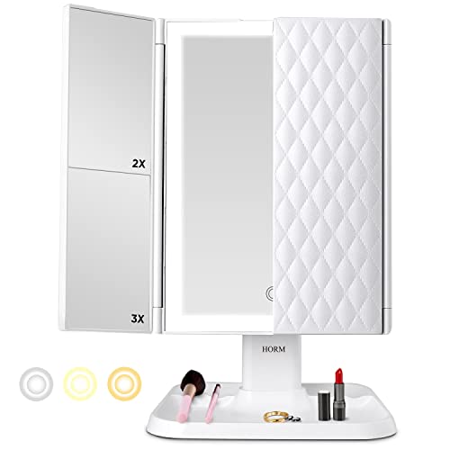 Makeup Mirror Vanity Mirror with Lights - 3 Color Lighting Modes 72 LED Trifold Mirror, 1x/2x/3x Magnification, Touch Control Design, Portable High Definition Cosmetic Lighted Up Mirror