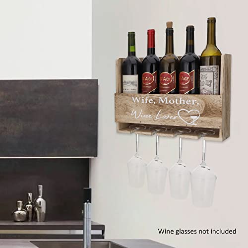 Homewolf Wall Mounted Wine Rack - Wine Glass Storage Made from Solid Paulownia Wood – Wine Bottle Organizer Holds 5 Bottles and 4 Glasses - Wall-Mounted Wine Racks Hanging Cabinet – Bar Decor