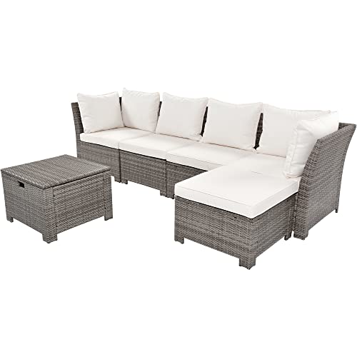 DHPM Furniture 6 Pieces Outdoor Sectional PE Rattan Sofa Brown Manual Wicker Patio Conversation Set with 2 Corner, 2 Single Chairs, 1 Ottoman and 1 Storage Table, Beige