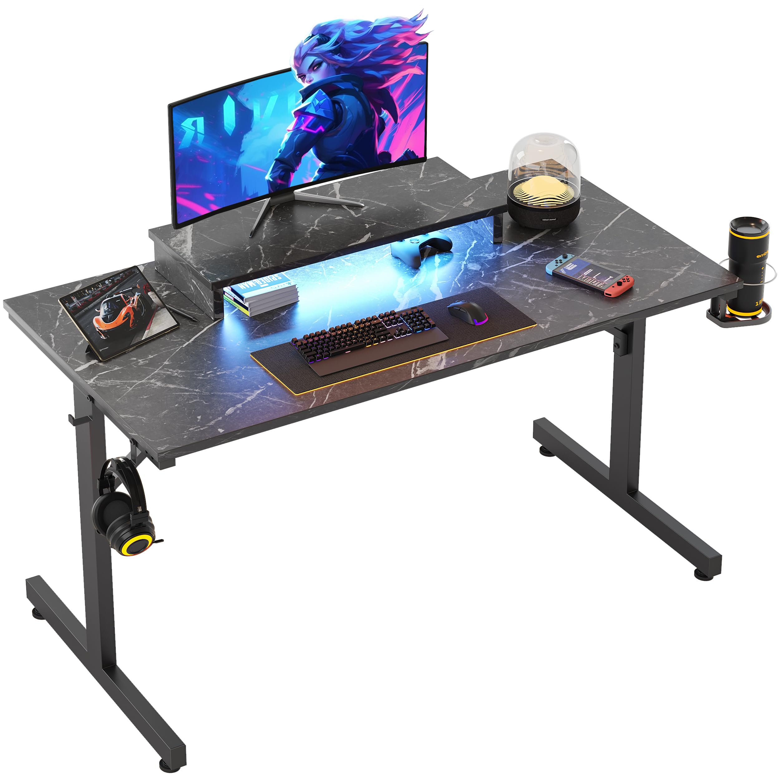Bestier Gaming Desk with LED Lights, 42 inch Computer Desk with Monitor Stand Gamer Workstation with Cup Holder & Headset Hooks, Modern Simple Style Desk for Home Office, Black Marble