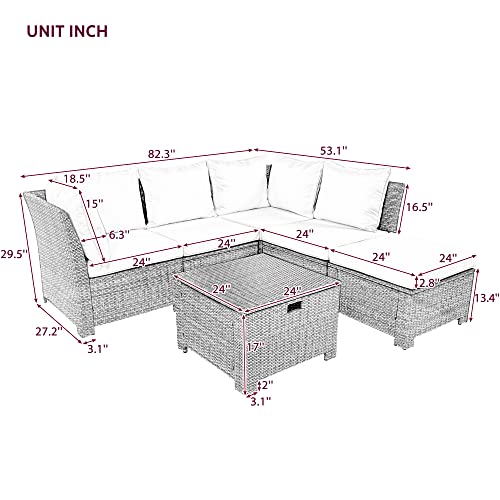 DHPM Furniture 6 Pieces Outdoor Sectional PE Rattan Sofa Brown Manual Wicker Patio Conversation Set with 2 Corner, 2 Single Chairs, 1 Ottoman and 1 Storage Table, Beige