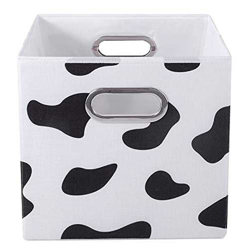 ANMINY 4PCS Storage Cubes Set Cow Print Large Cotton Linen Storage Bins Boxes Baskets with Handles PP Plastic Board Foldable Desktop Closet Shelf Organizer Container for Home Office - 11"x 11"x 11"