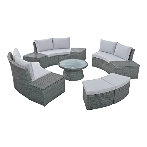 DHPM 10-Piece Half-Moon Sectional Patio Furniture Set Curved Outdoor Sofa with Tempered Glass Round Coffee Table, Light Gray