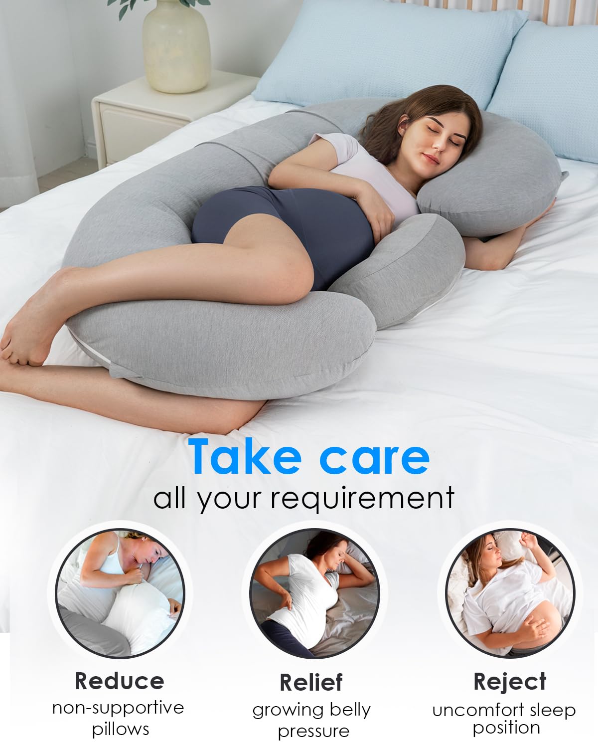 QUEEN ROSE Cooling Pregnancy Pillows, E Shaped Maternity Pillow for Sleeping, with Extra Wedge Pillow for Belly Support, 55 Inch Detachable Body Pillow, Breathable Cover, Grey
